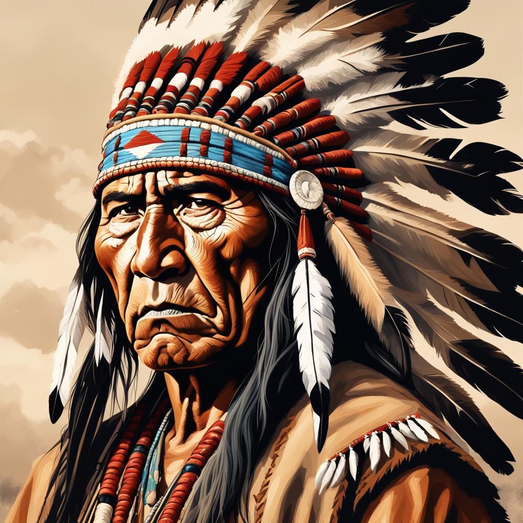 a american indian wearing a headdress, hyperrealism, native american warrior, highly detailed ...