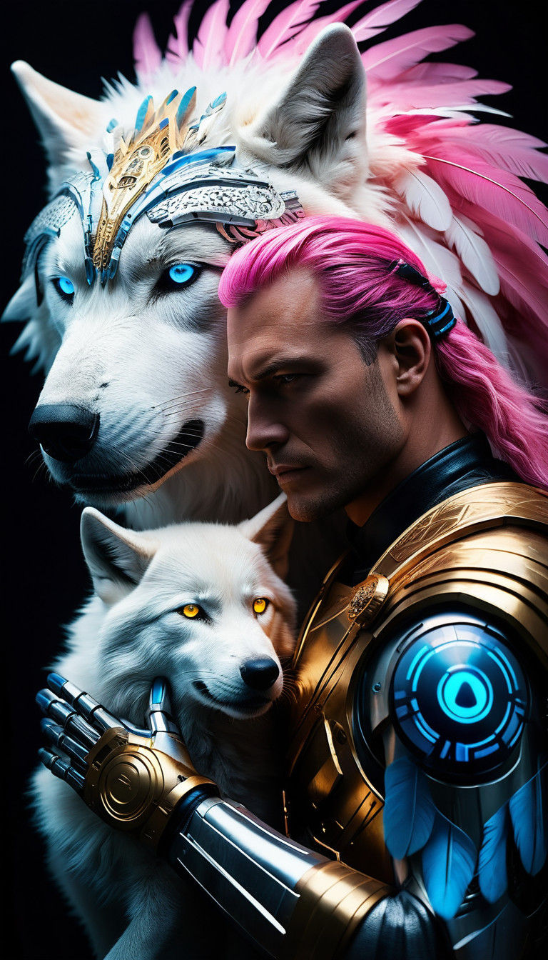 Cyborg Warrior in Spiritual Bond with Glowing Cybo... - AI Art