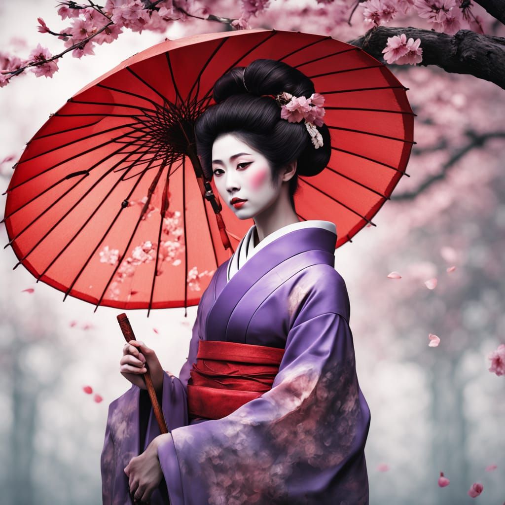 Ethereal Geisha in Traditional Sumi-e Cherry Bloss... - AI Art