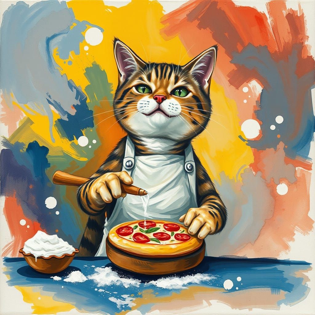 Cat making pizza - Feline Master Chef in Vibrant, Expressiv...