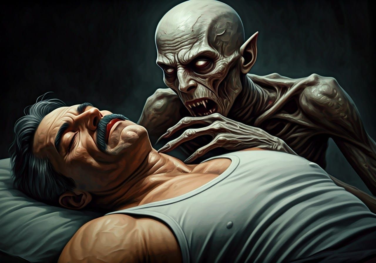 Vampire - Decrepit Vampire Bites Sleeping Man in Dark, Atmos...