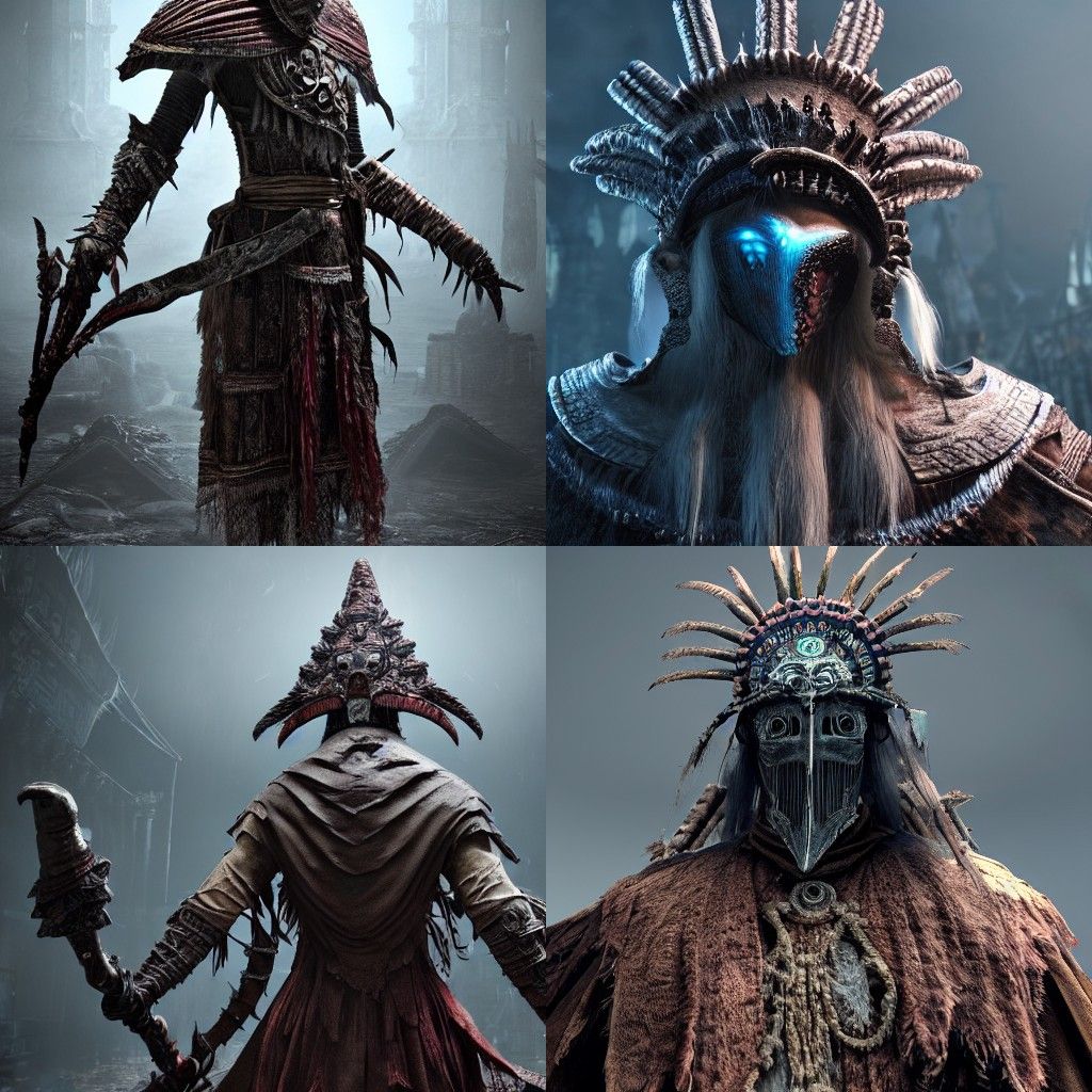 Bloodborne, Mayan, large headdress, full costume, octane render, hyper ...