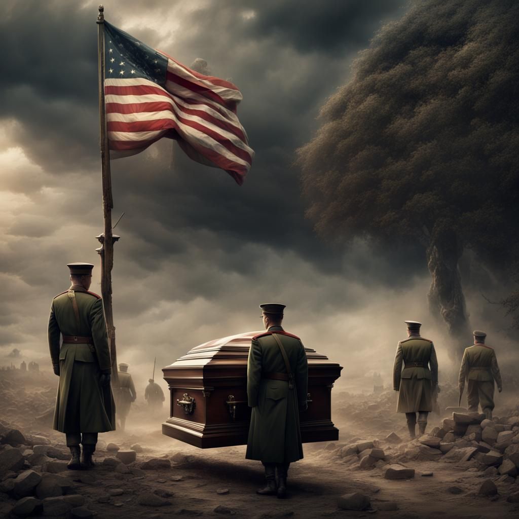 Legless, armless and blind soldiers accompany a coffin draped in a flag ...