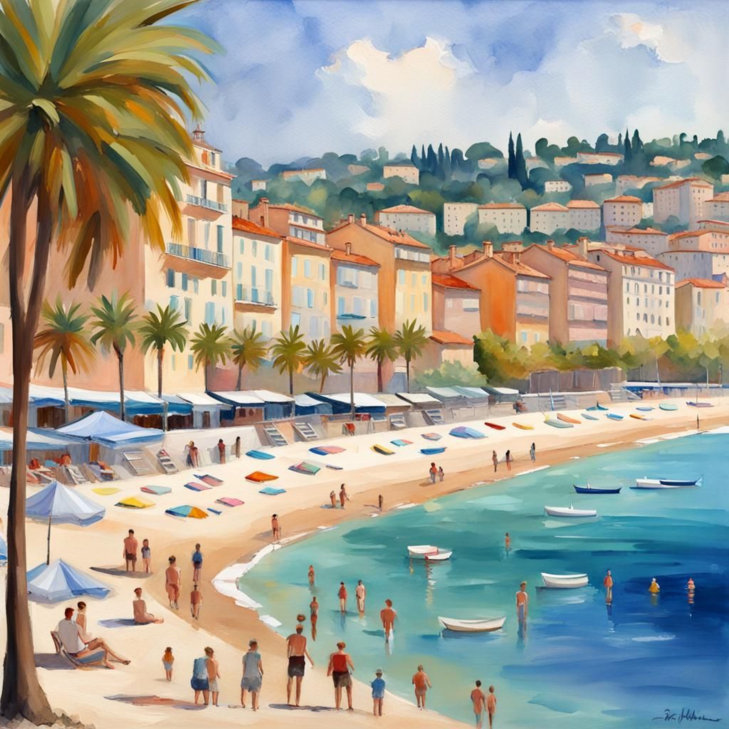 Tranquil beach of Nice, France at midday with white sand shores, old ...