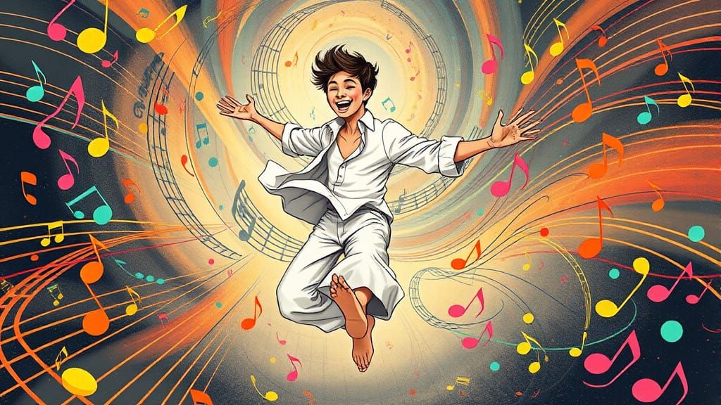 Music Notes Dancing, This enchanting image depicts a lively male dancer ...