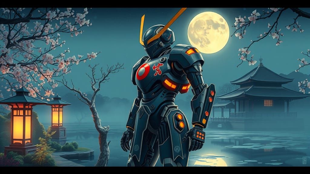 Moonlit Ronin Robot in Traditional Japanese Art St... - AI Art