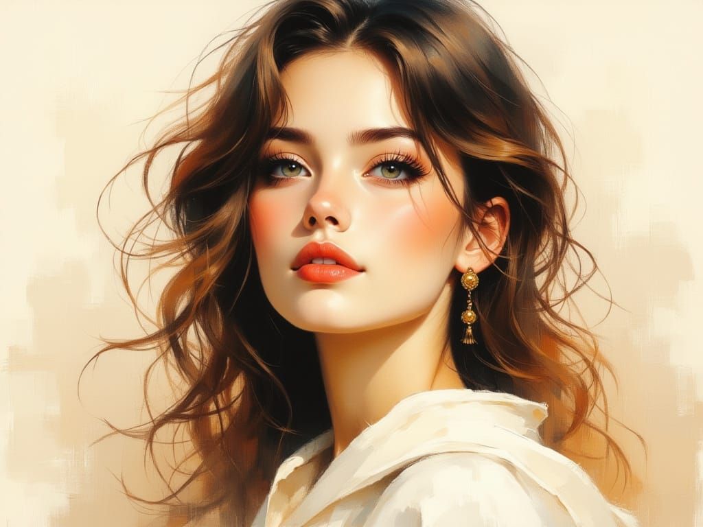 A woman with luminous, fair skin and striking facial features, her ...