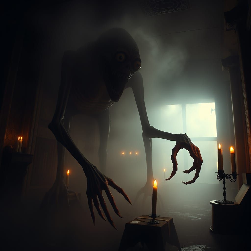 Grotesque Creature Emerging from Dark, Eerie Mist ... - AI Art