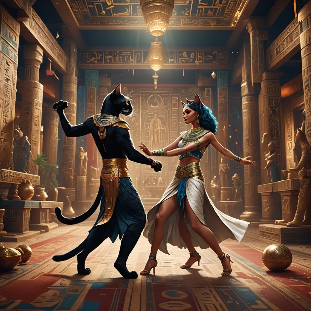 cat dancing tango with a woman with Egyptian jewels inside a big room with hieroglyphs - AI ...