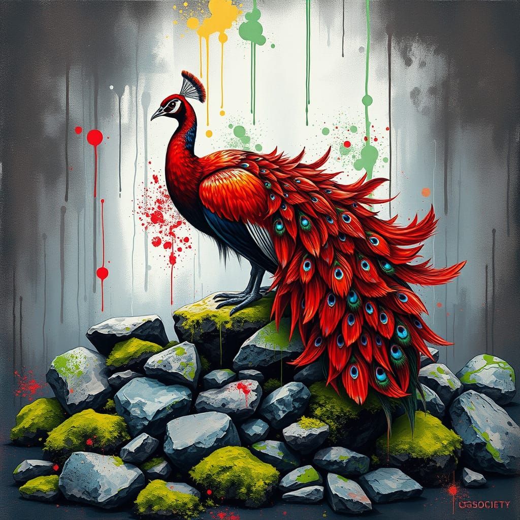 Vibrant Red Peacock Amidst Mossy Boulders in Polyc... - AI Art