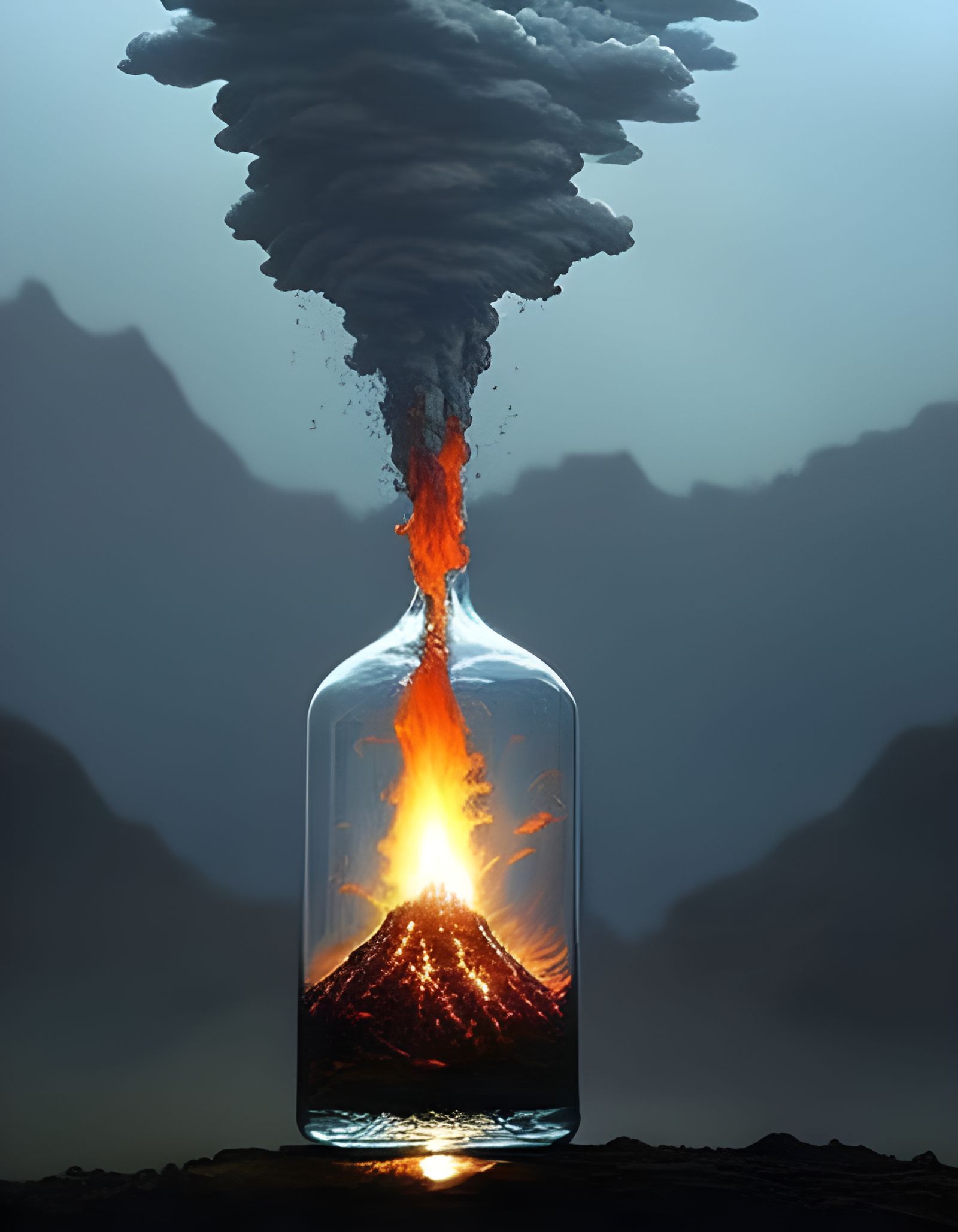 Erupting volcano inside a glass bottle. - AI Generated Artwork ...