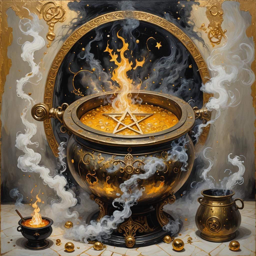 Cauldron with a glowing pentacle on the front, full of bubbling molten ...