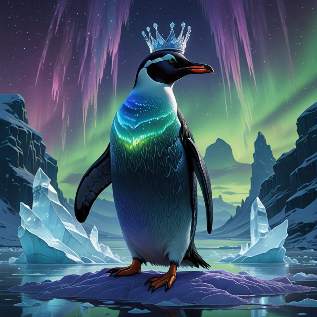 penguin fantasy - Regal Penguin in Icy Crown and Cape, amids...