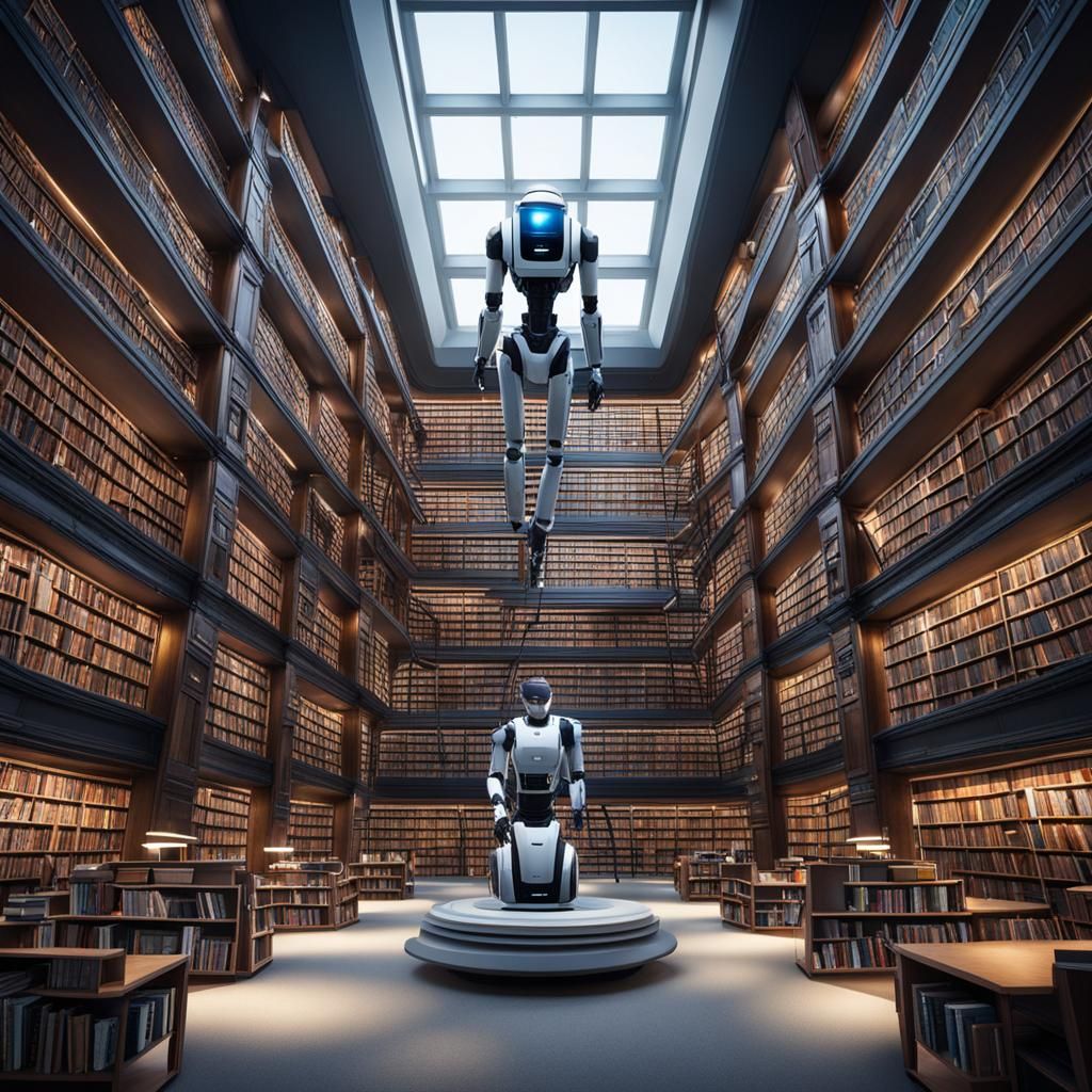 A realistic photo of an endless library with books that float to ...