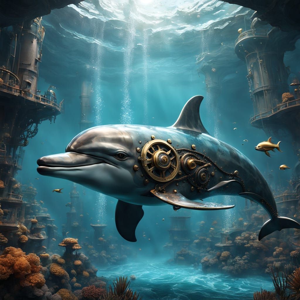 Steampunk Dolphin Soars Through the Waves - AI Art