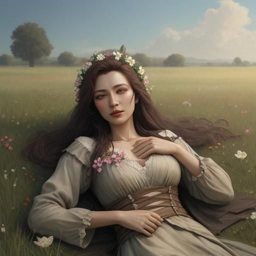 a flower blooming out of a girls chest as she lays dead in an open ...