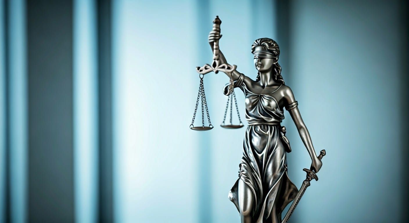 Silver Statue of Lady Justice holding scales and sword in arms.