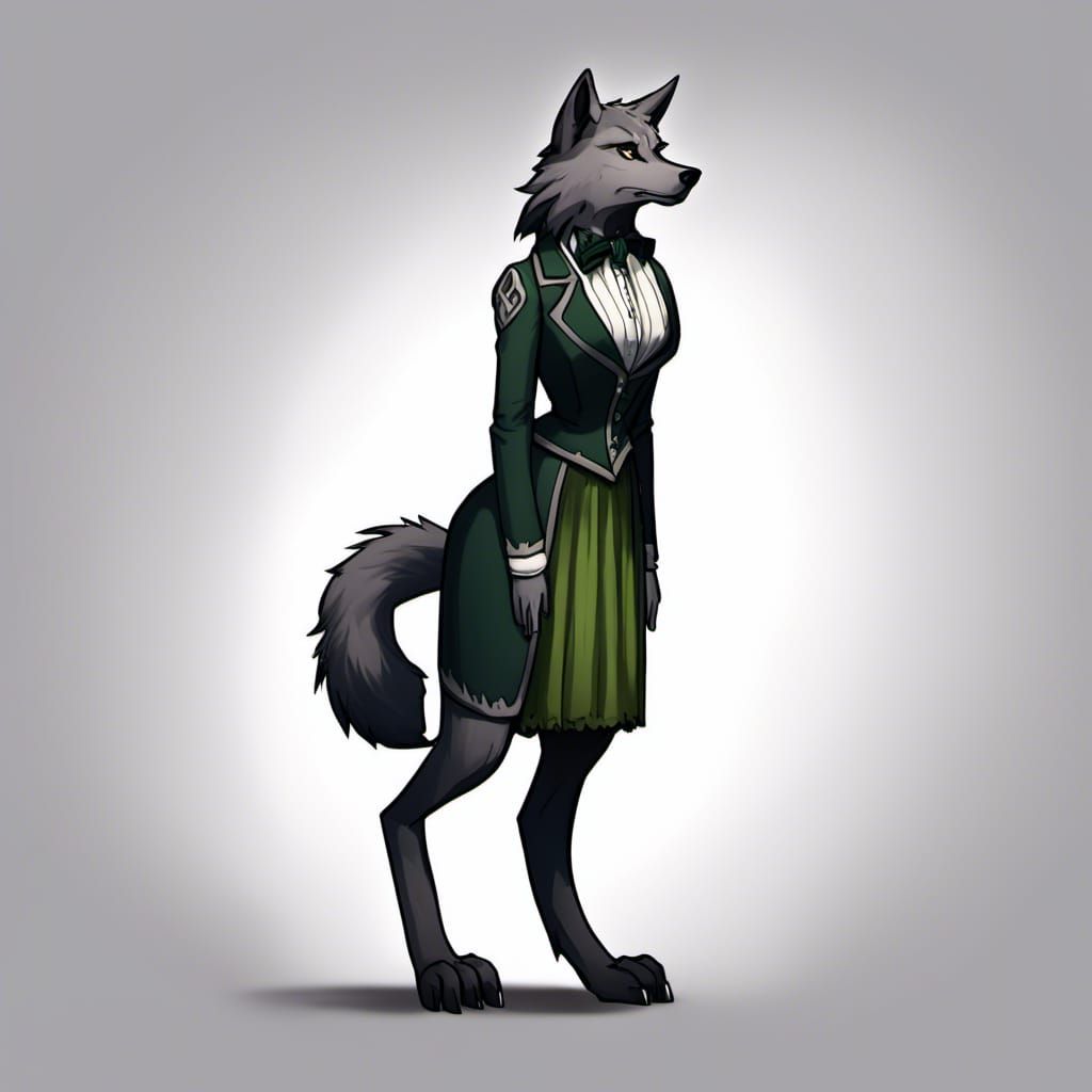 Dark gray, female, bipedal, wolf, furry, standing upright, tail, full ...