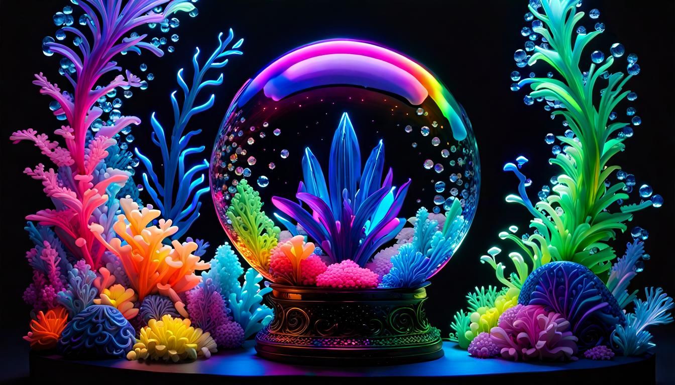 A Neon-rainbow incandescent crystalline fantasy, neon-painted black ...