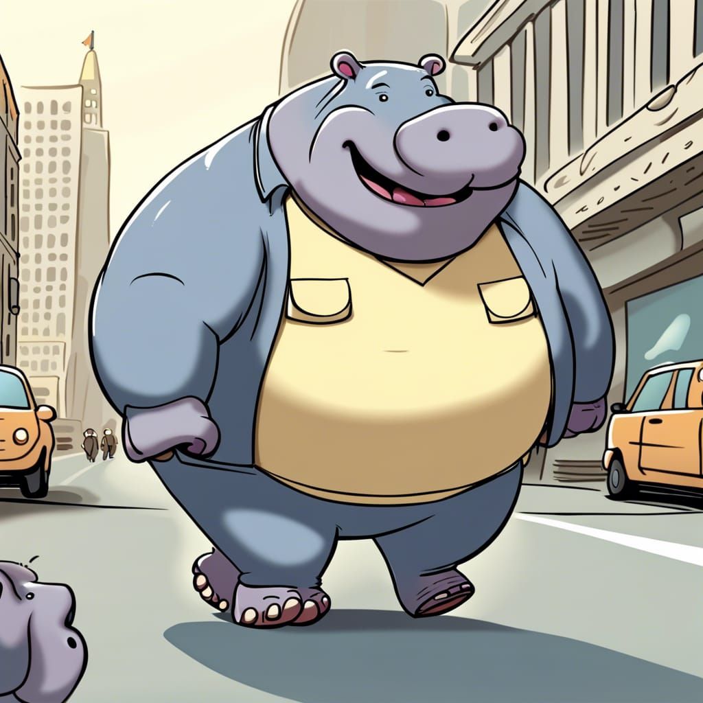 Anthropomorphic hippo walking down a busy city street and he's so fat ...