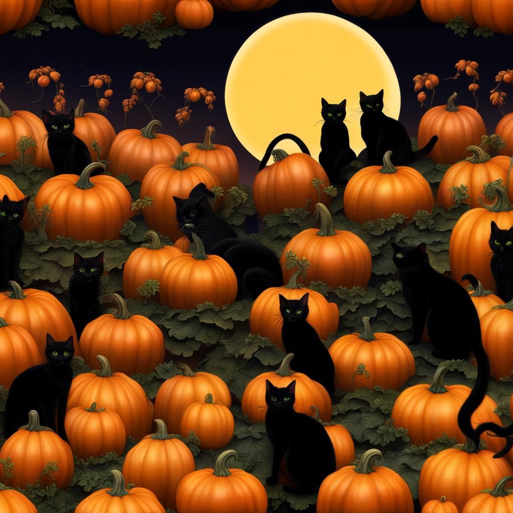 A moonlit Halloween pumpkin patch, black cats, pumpkins, vines, 64k ...