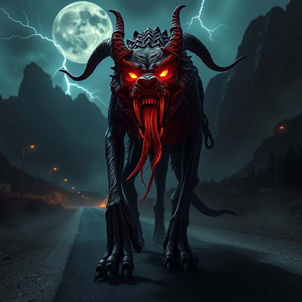 A Hyperrealistic, ultra detailed 8k cinematic shot of El Cadejo, an ...