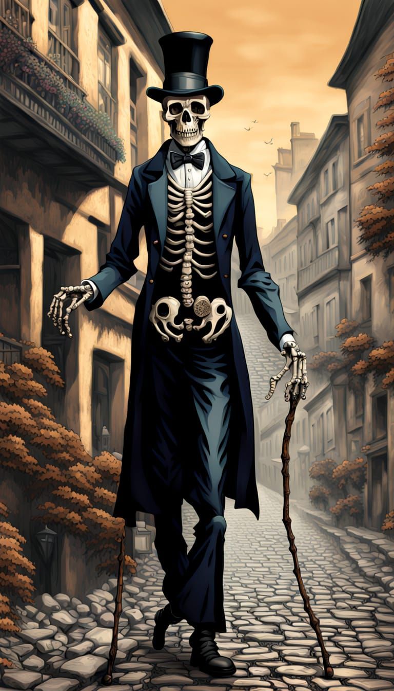 Skeleton Gentleman Strolling Through European City... - AI Art