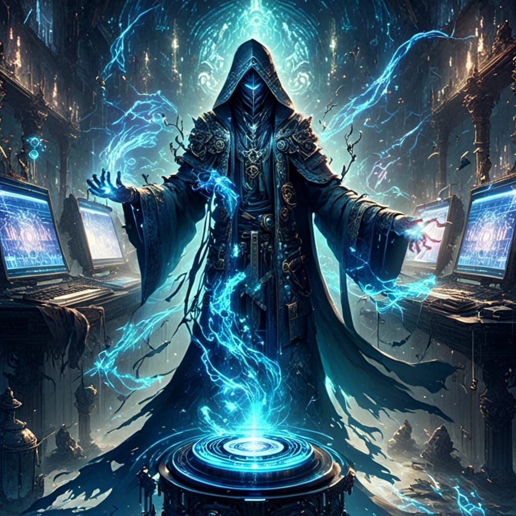 Create an image of a powerful futuristic DJ wizard in a technological ...
