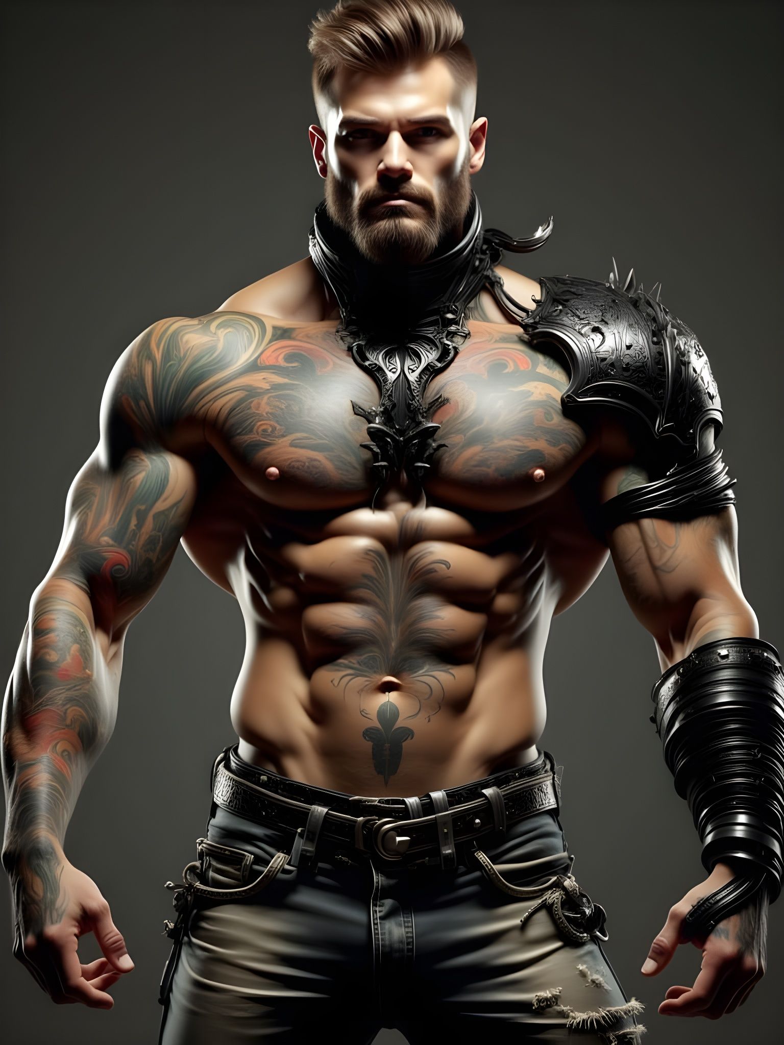 a muscular male torso showcasing intricate tattoos on the chest and ...