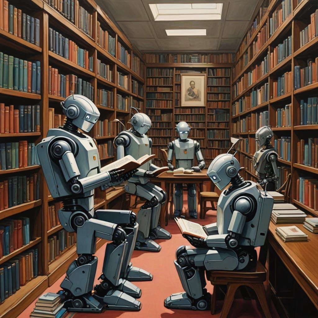 Robots reading in library. - Robots in a Library, Painted in...