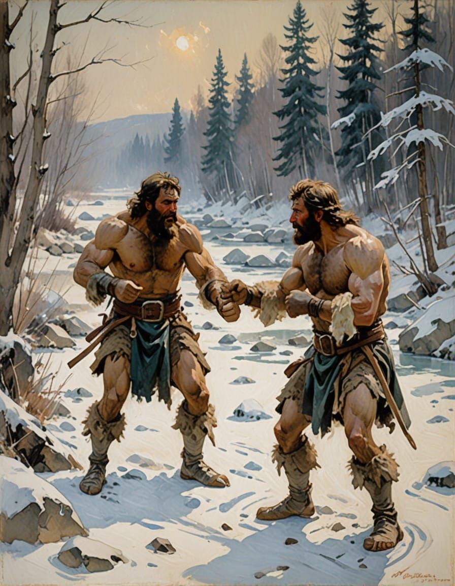Prehistoric Boxers Clash in Frozen Winter Wonderla... - AI Art