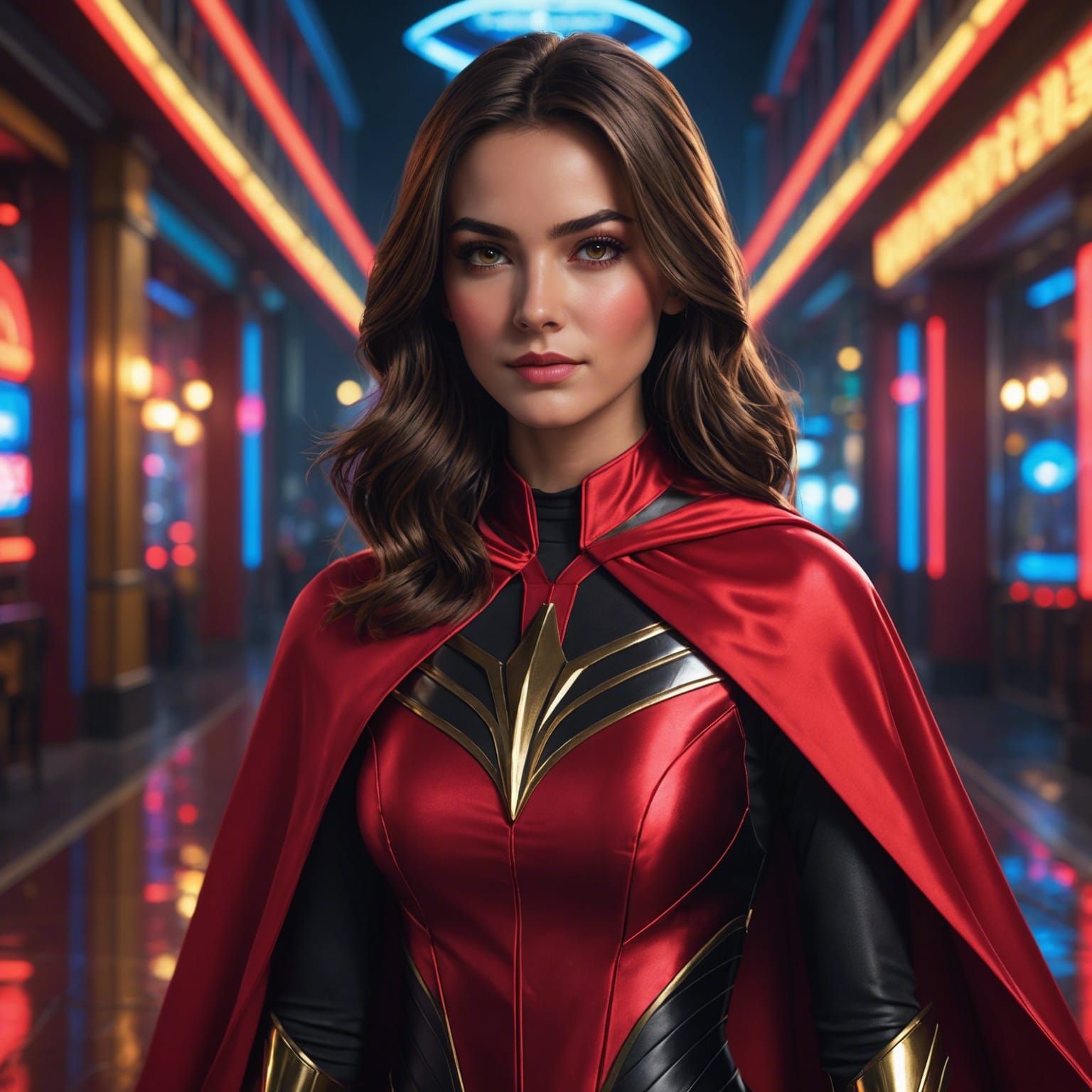 gorgeous girl, straight brown hair, red power ranger, satin floor ...