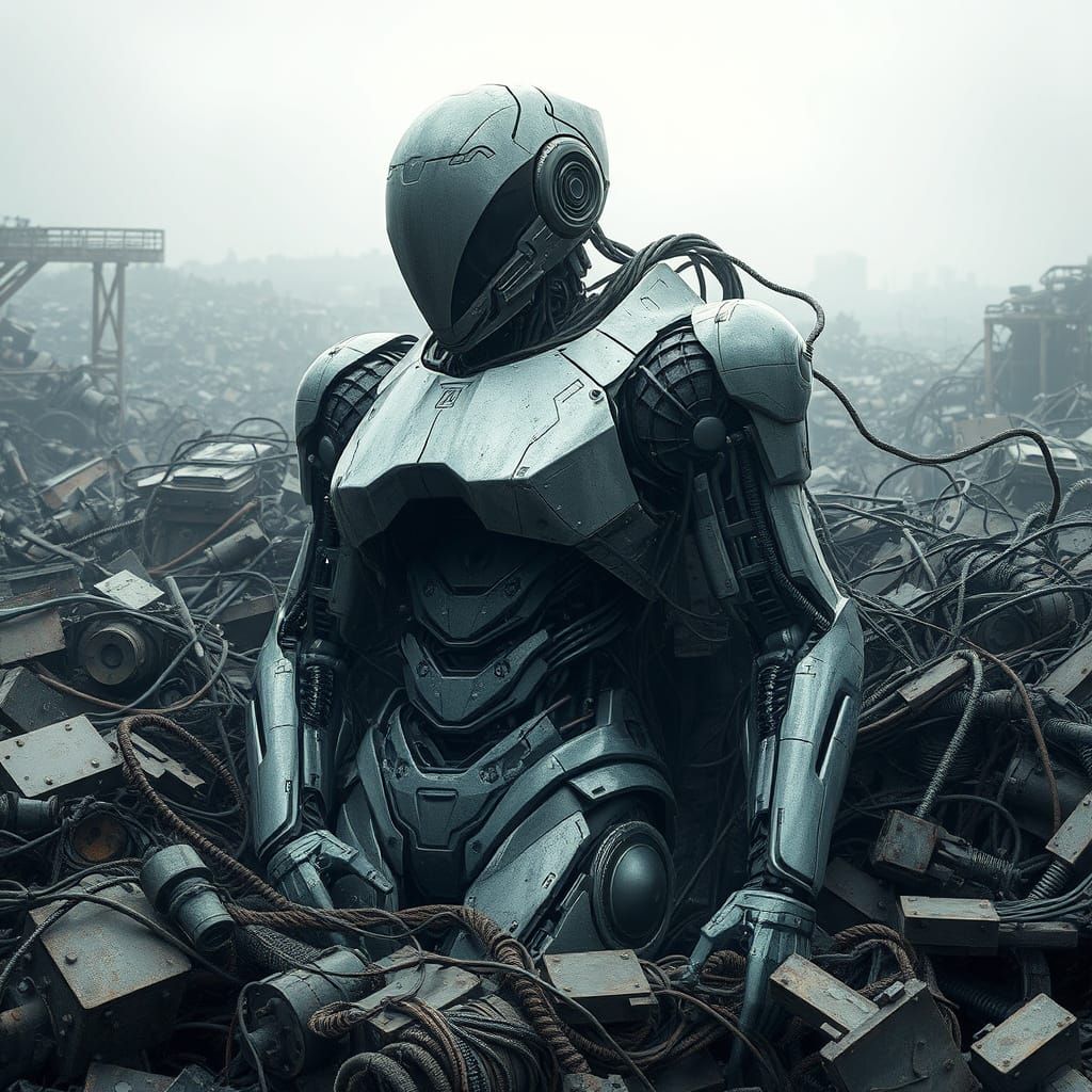 Futuristic Robot Buried in Metallic Scrapyard - AI Art
