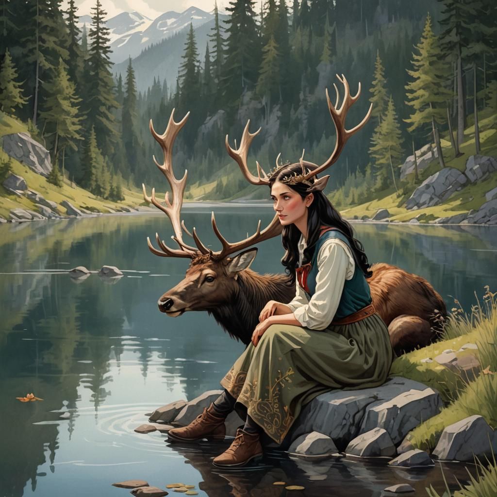 A dark-haired woman with gorgeous elk's antlers sitting beside a lake ...