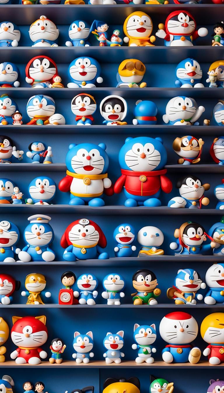 A captivating scene of a collection of Doraemon action figures ...