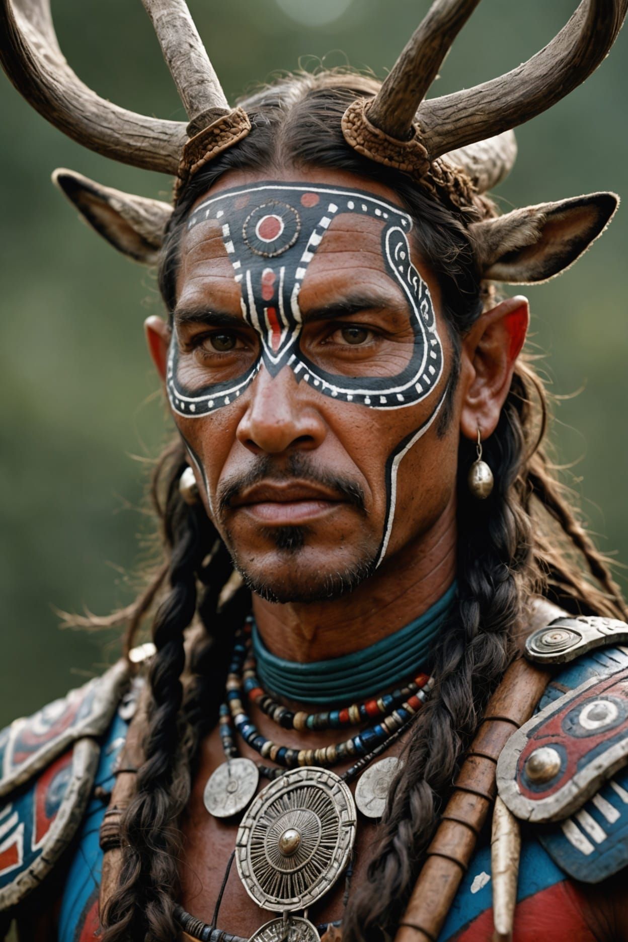 Close up of a tribal warrior with face painting, with large intricate ...