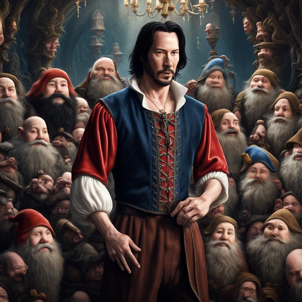 Keanu Reeves as snow white, with the seven dwarves intricate details ...