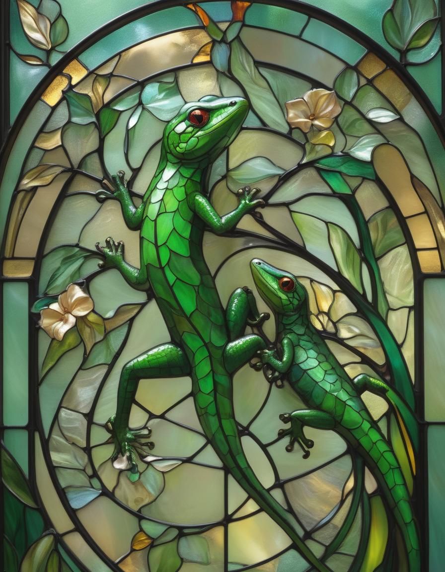 Luminous Lizards: Captivating Art Deco Stained Glass with Vibrant Green ...