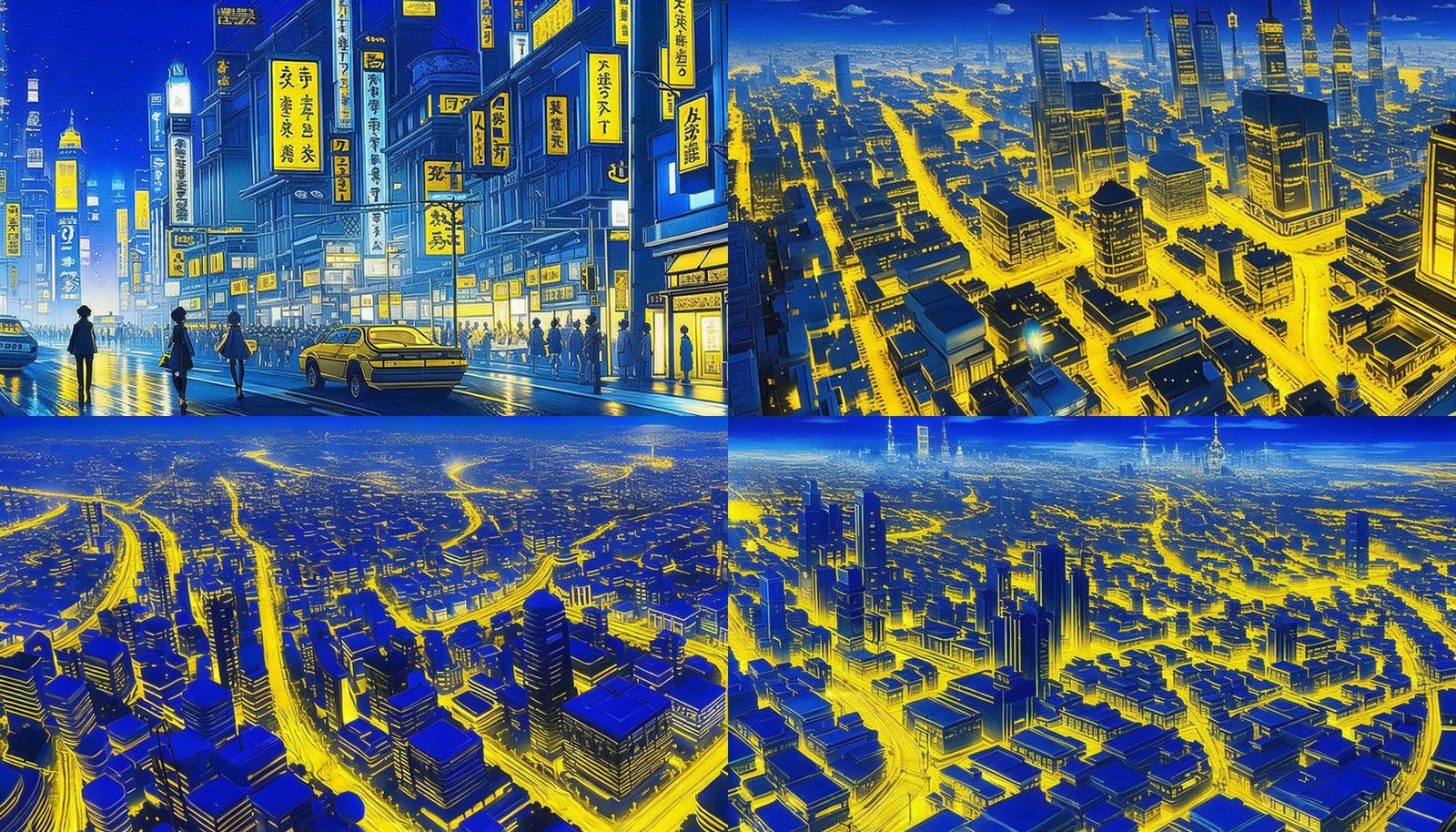 A busy nighttime cityscape. Blue and yellow monochrome color scheme ...