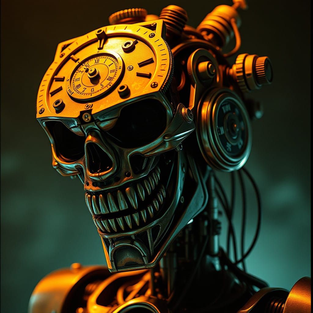 A clockwork robot with a grimacing smile