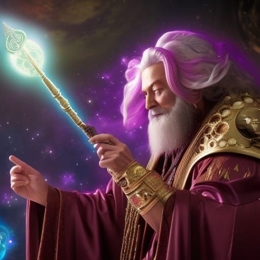 close up, ultrafine detailed Celestial wizard casting a spell with a ...