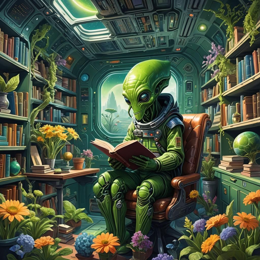 alien librarie in a spaceship - AI Generated Artwork - NightCafe Creator