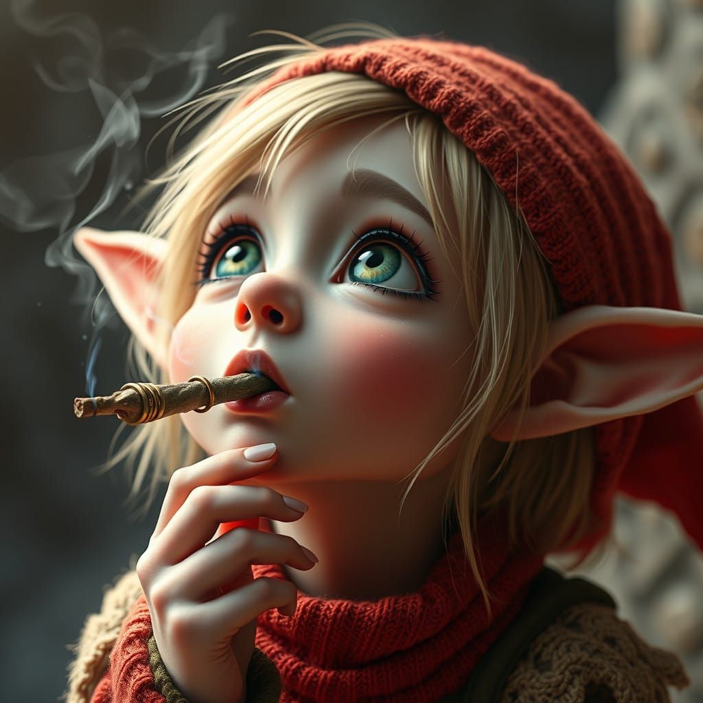 Elf Caught Smoking, Looking Up in Hyperrealism - AI Art