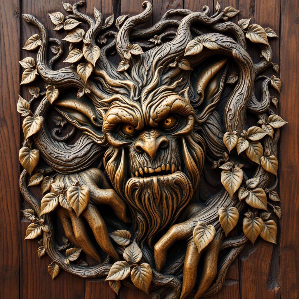Ancient Forest Troll Bas Relief in Warm Woodland S... - AI Art
