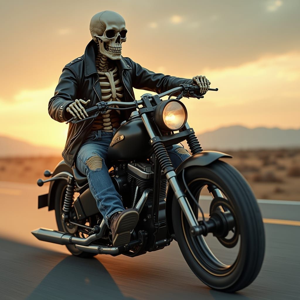Skelton on a bike - Gothic Cyberpunk Skeleton Rider in Suns...