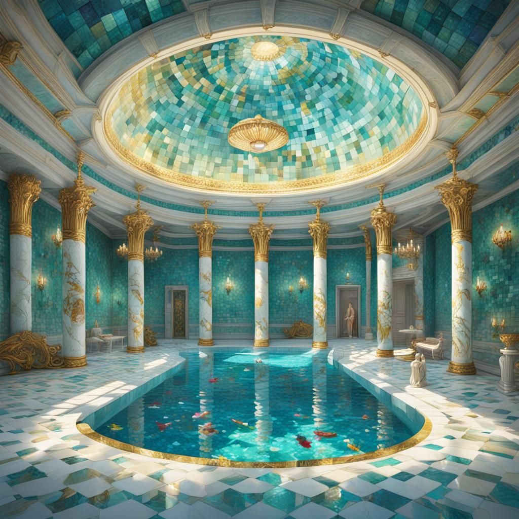 a luxurious, modern Roman bath, all white marble and gilded columns ...