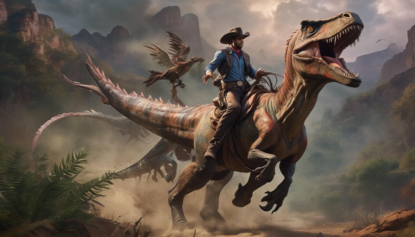 Time Clashes : A Cowboy Riding a Velociraptor Dinosaur - AI Generated ...