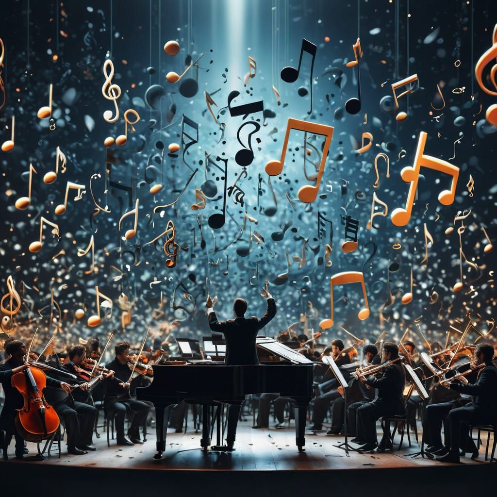 Surreal double exposure. A lots of 3d musical note symbols over an ...