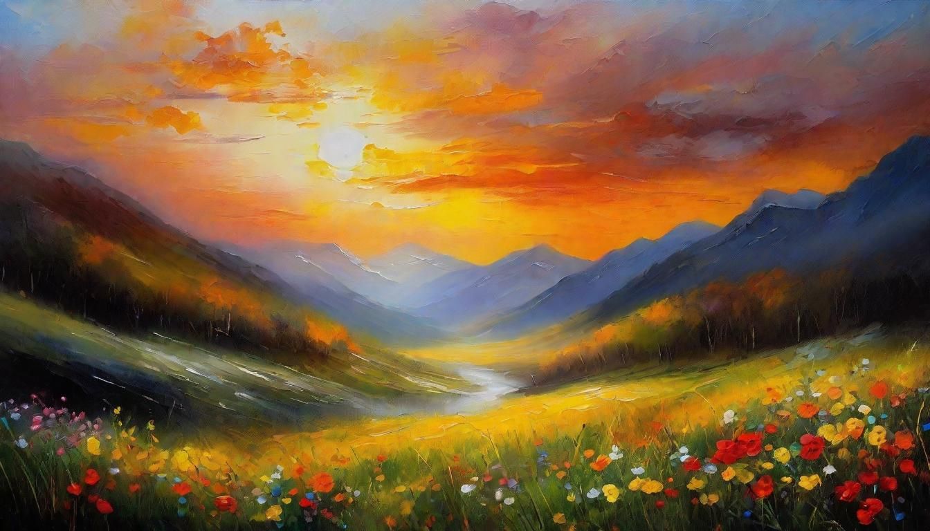 Flowery landscape at golden hour - AI Generated Artwork - NightCafe Creator