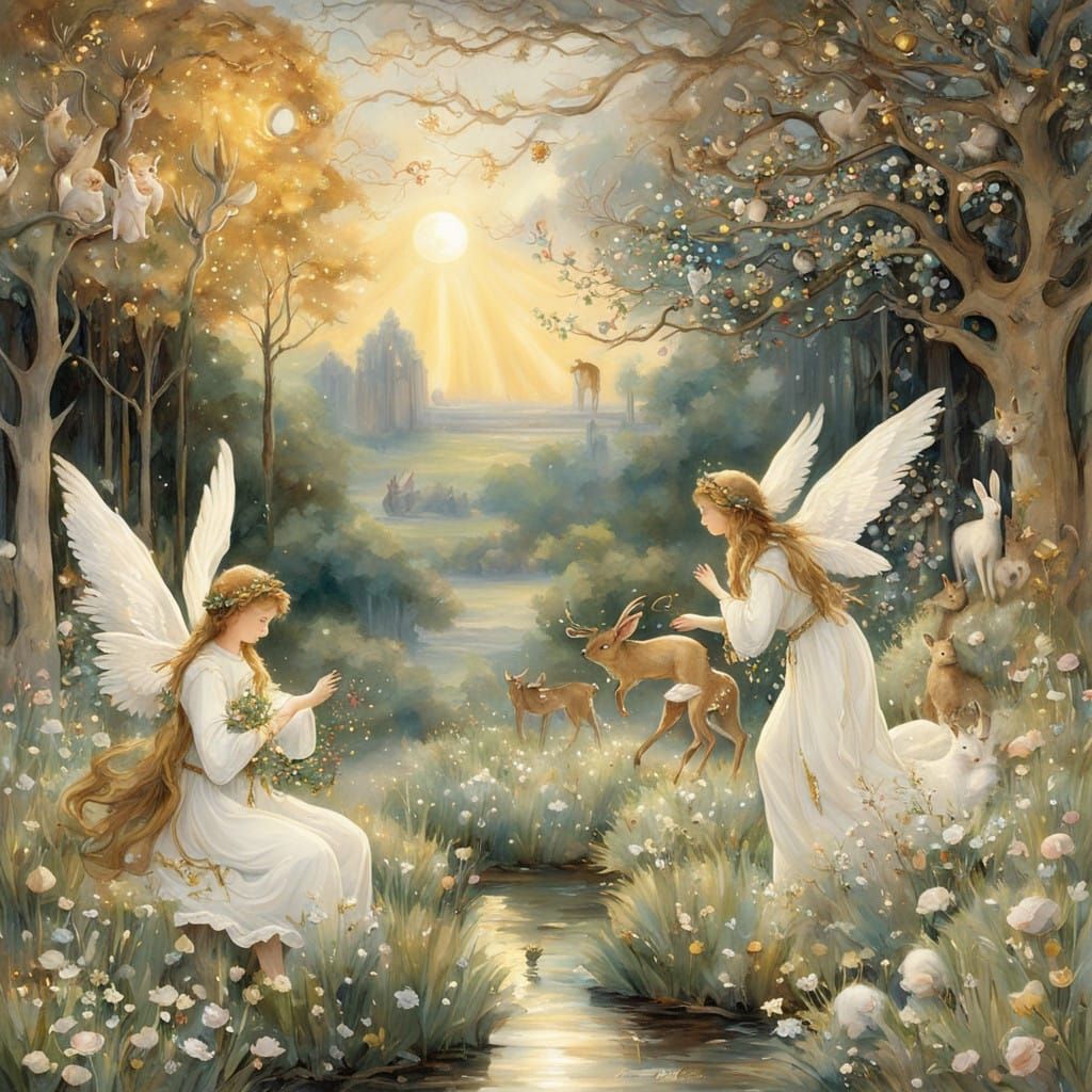 Cherubs Decorating Christmas Tree in Whimsical, Dr... - AI Art